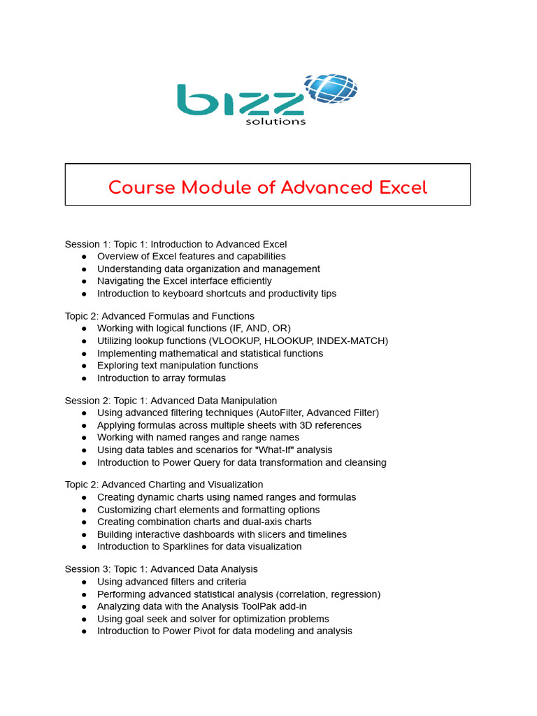 Course Module of Advanced Excel | PDF | Microsoft Excel | Information Technology