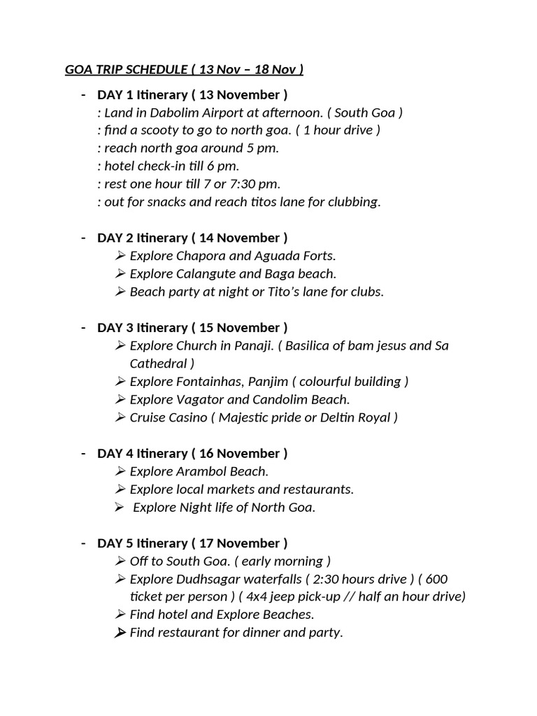Goa Trip Itinerary | PDF
