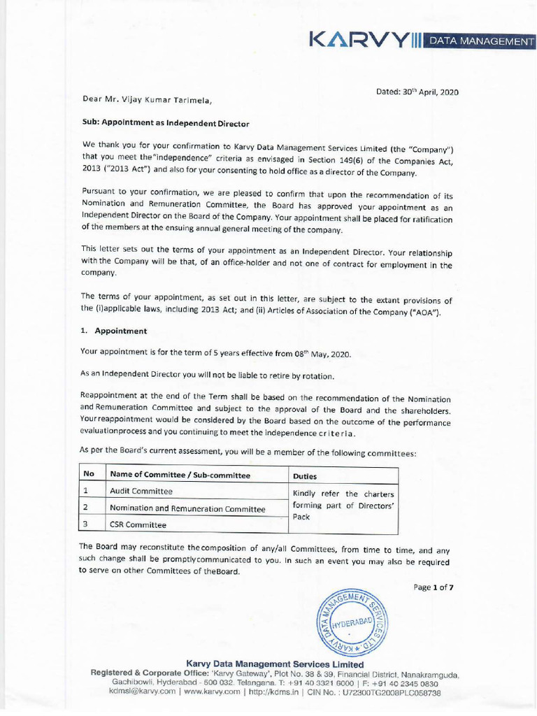 Vijay Kumar Appointment Letter | PDF