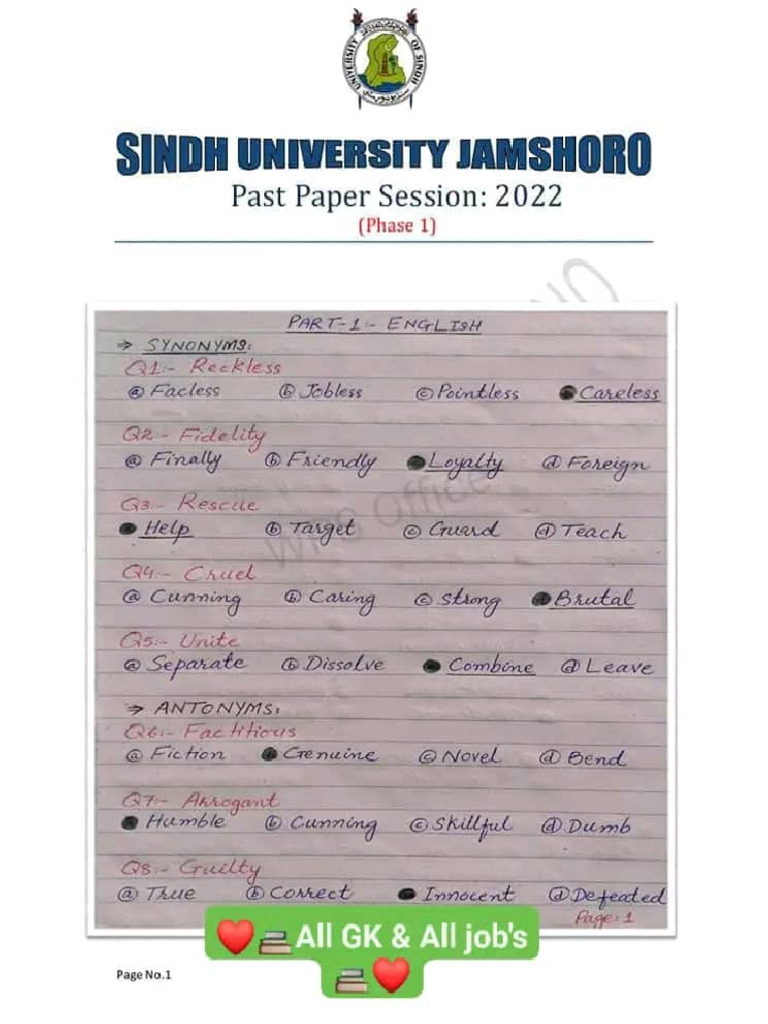 Sindh University Past Papers PDF 2022 | PDF
