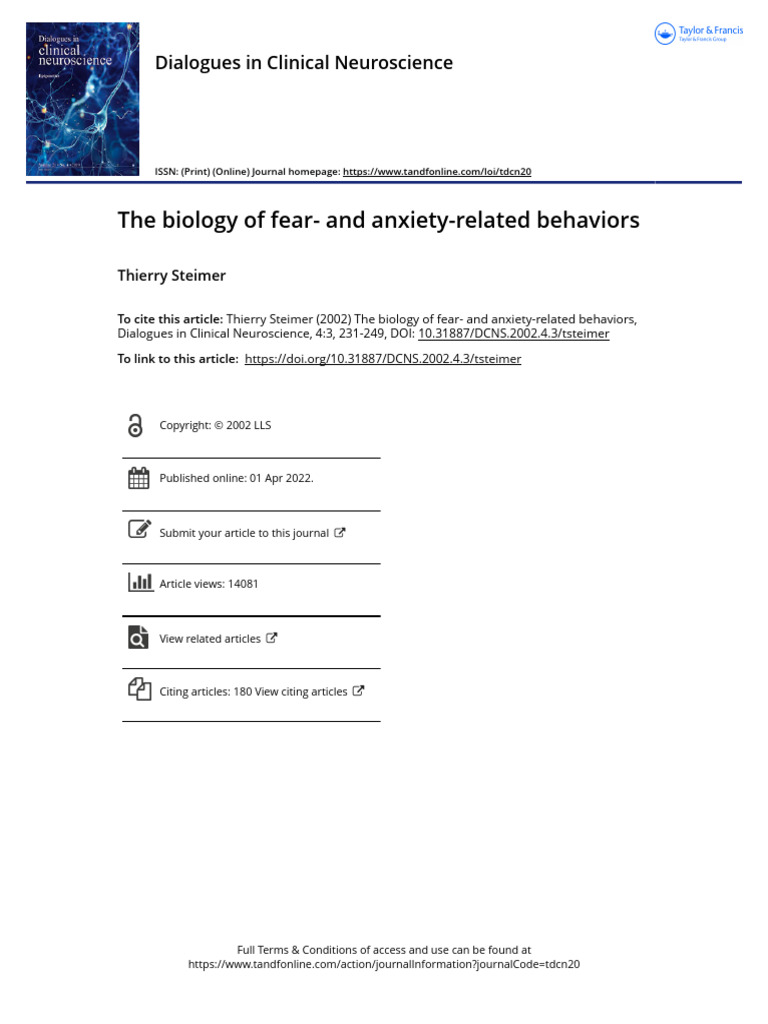2022 - The Biology of Fear and Anxiety Related Behaviours | PDF ...