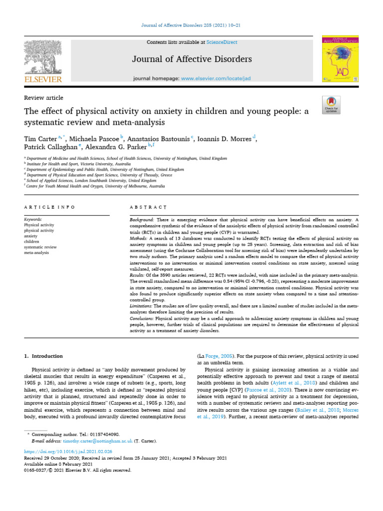 The Effect of Physical Activity On Anxiety in Children and Young People - A Systematica Review ...