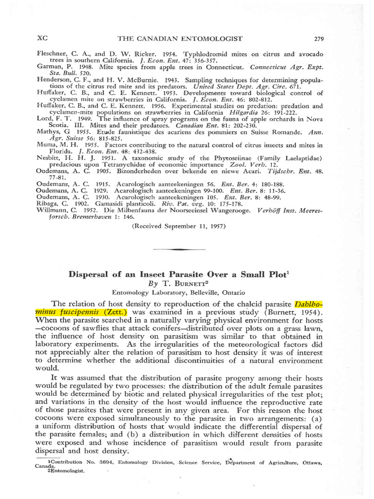 1958R Dispersal of An Insect Parasite | PDF | Parasitism | Experiment