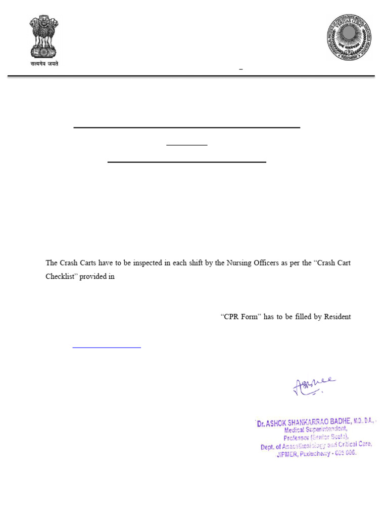Circullar - Uniform Crash Cart Arrangement & CPR Form - JIPMER | PDF