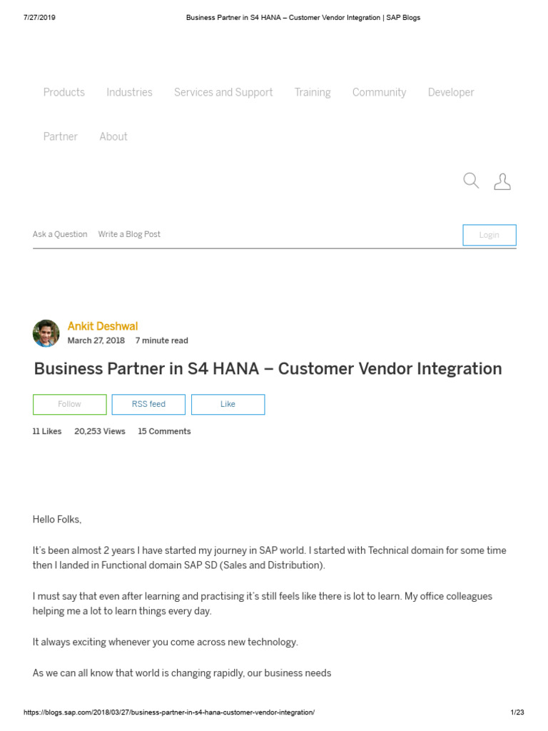 Business Partner in S4 HANA - Customer Vendor Integration - SAP Blogs | PDF | Computing | Software