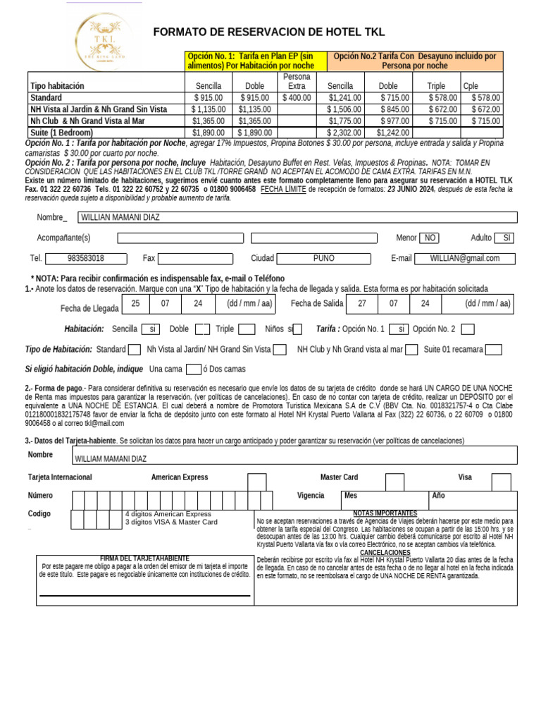 Tarifas y Reservas Hotel TKL | PDF | Tarjeta de crédito | Pagos