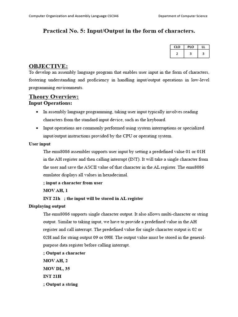 Practical No.5,6,7,8 | PDF | Assembly Language | Input/Output Practical No.5,6,7,8 | PDF | Assembly Language | Input/Output