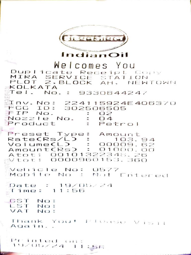 IndianOil Receipt Details Kolkata | PDF