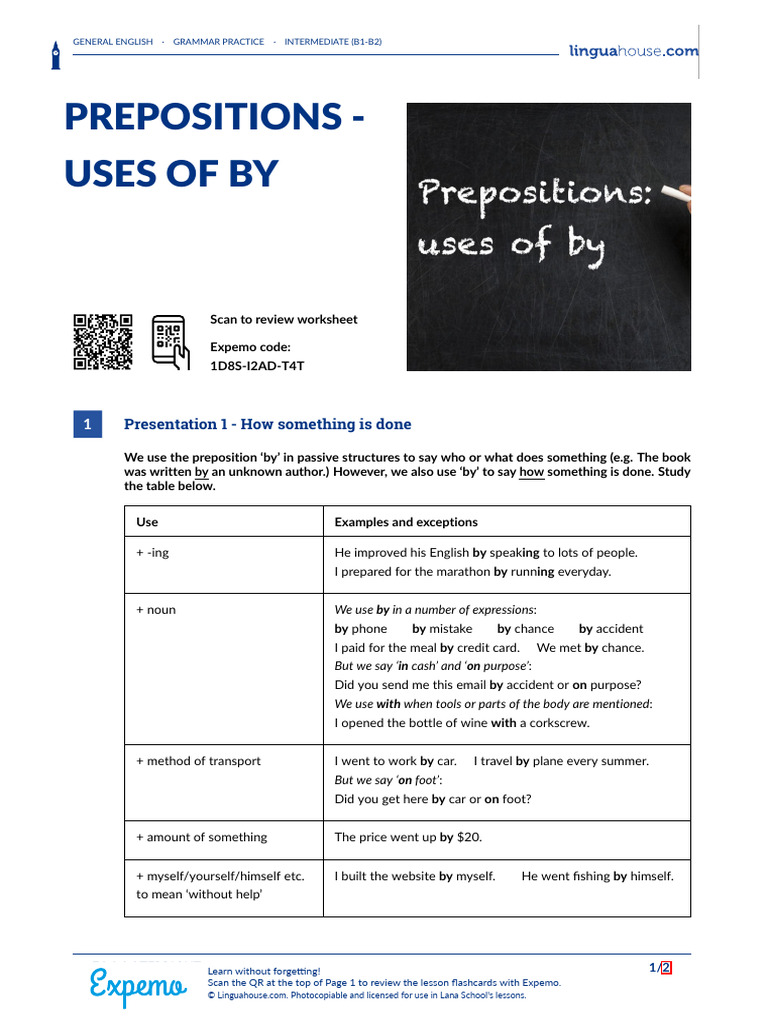 Prepositions Uses of by British English Teacher | PDF | English ...