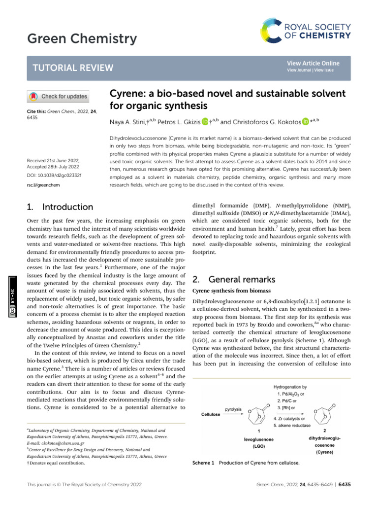 Cyrene: A Sustainable Solvent Review | PDF | Chemical Reactions | Unit ...