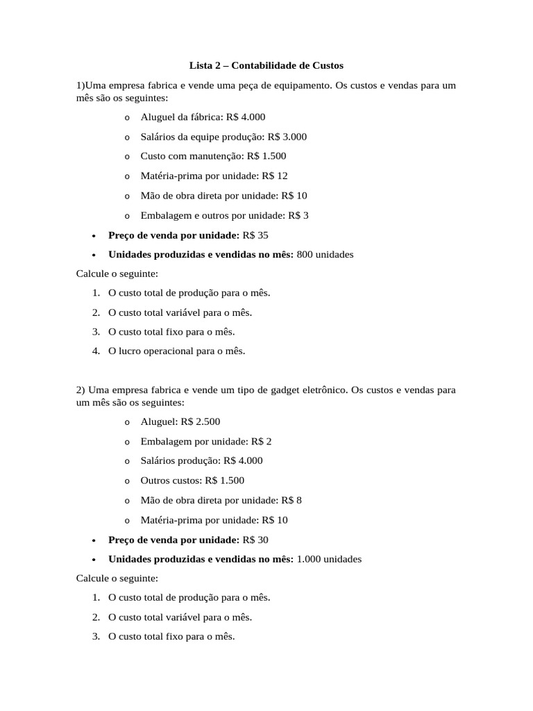 Lista 2 - Contabilidade de Custos | PDF | Despesa | Investimentos