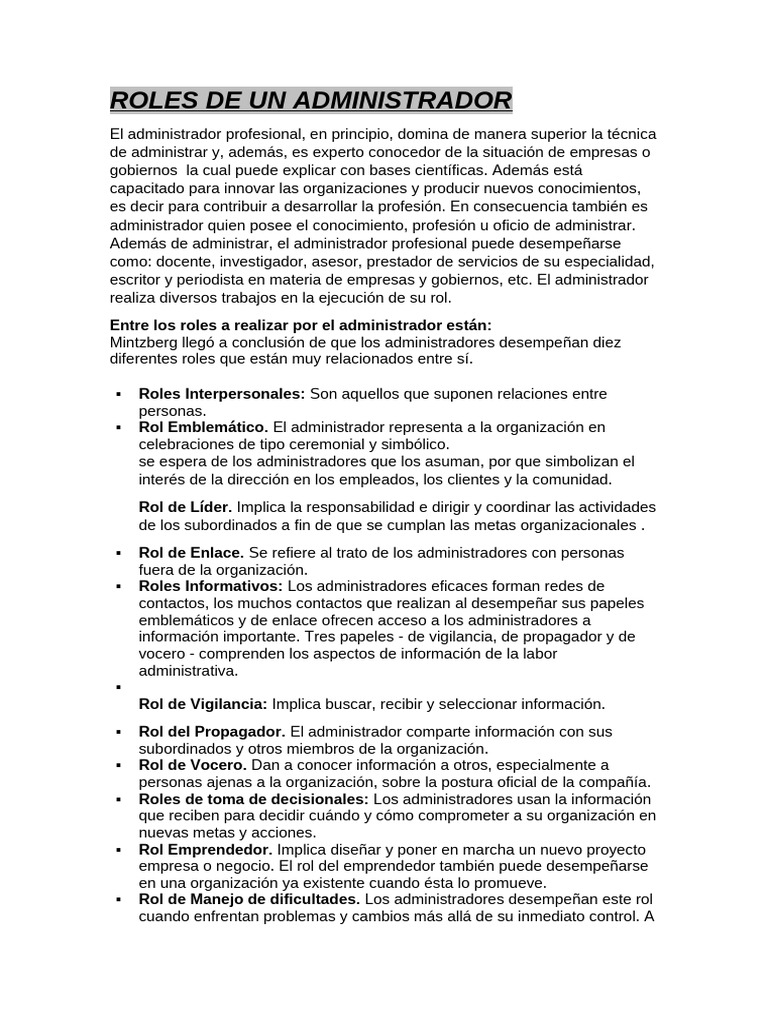 Roles Clave del Administrador Profesional | PDF | Negocios | Relaciones ...