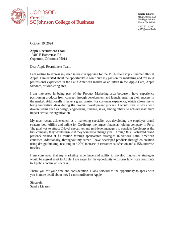 Sandra Linares Cover Letter Apple | PDF | Apple Inc. | Marketing