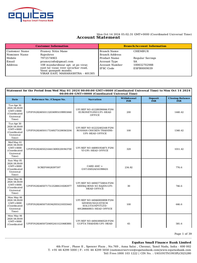 Equitas Bank Account Statement 2024 | PDF | Economy Of India ...