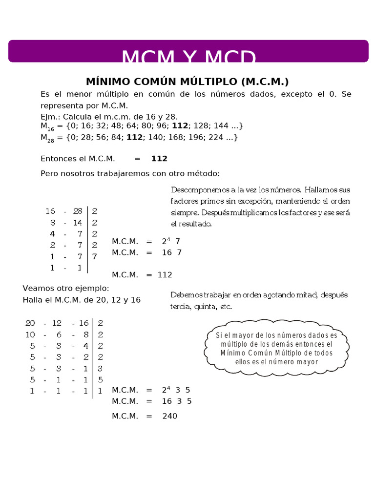 MCM y MCD | PDF | Aritmética | Matemática Elemental
