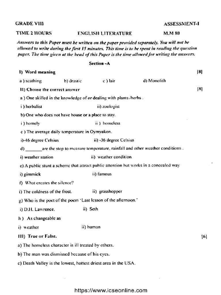 Icse Class 8 Assessment 1 English Literature 030424 2024 | PDF