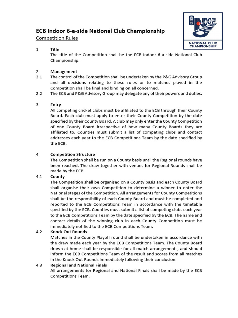 ECB Indoor 6-a-side Championship Rules | PDF | Bowling (Cricket ...