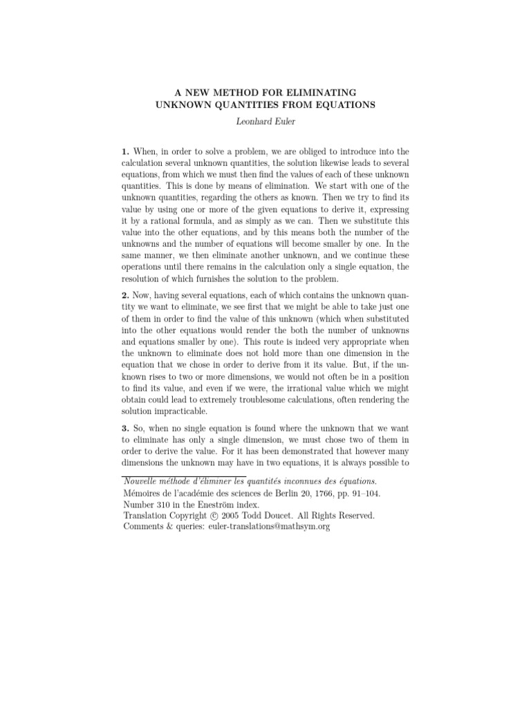 A New Method For Eliminating Unknown Quantities From Equations | PDF ...