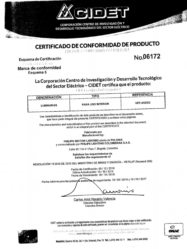 Certificado de Conformidad de Producto (CIDET) - Convencionales | PDF