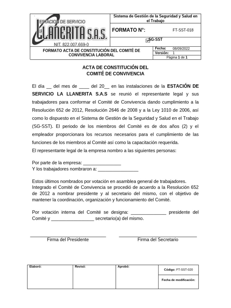 FT-SST-018 Formato Acta de Constitución Del Comité de Convivencia Laboral | PDF | Finanzas y ...