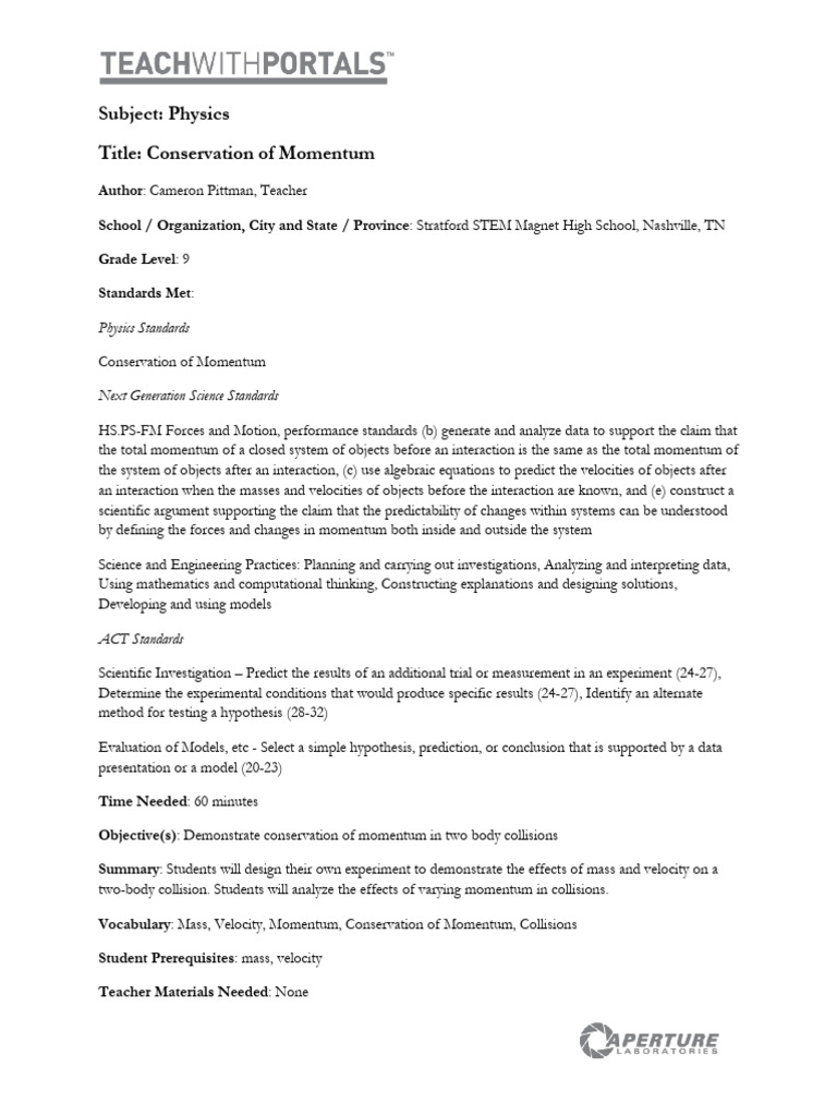 Portal 2 Lesson Plan Conservation of Momentum - CP1 | PDF | Collision ...