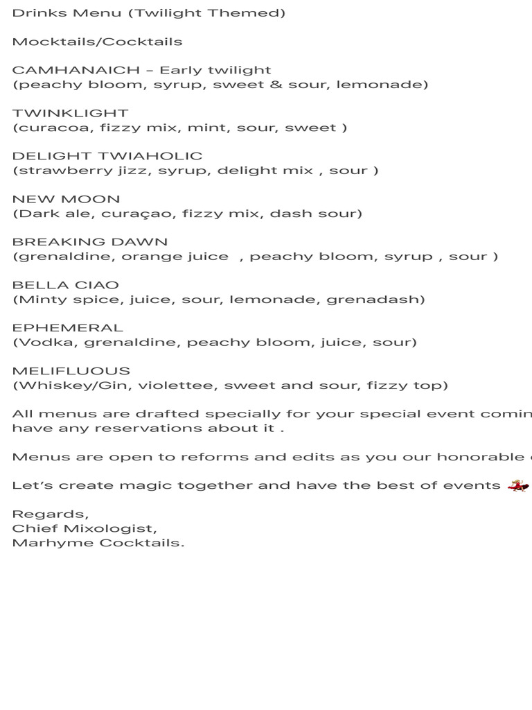 Drinks Menu (Twilight Themed) | PDF | Wellness | Poetry