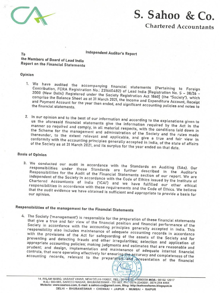 FCRA Audit Report and Balance Sheet 2020-21 | PDF