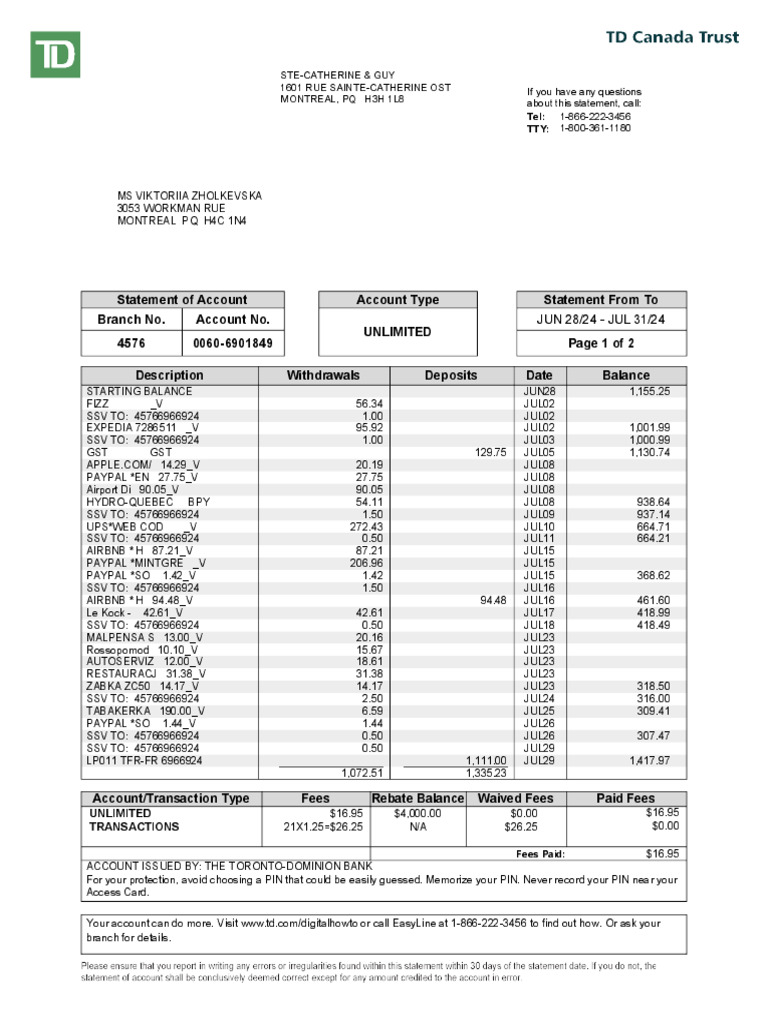 TD UNLIMITED CHEQUING ACCOUNT 4576-6901849 Jun 28-Jul 31 2024 | PDF ...
