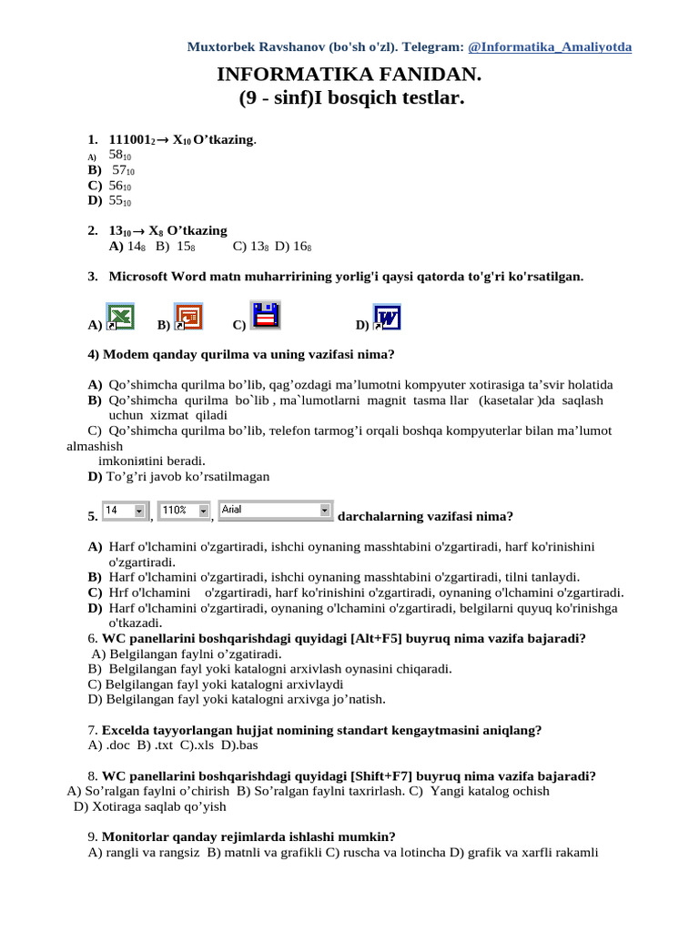 9 Sinf Informatika Test Va Javob @informatika - Amaliyotda | PDF