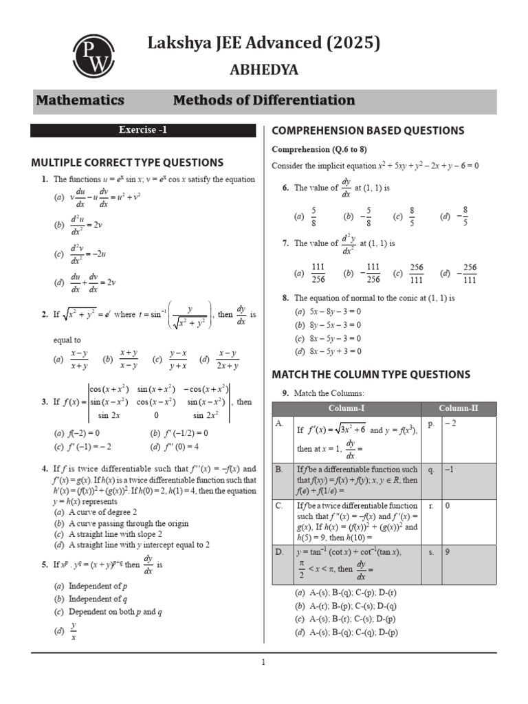 Method of Differentiation - JEE Advanced Practice Sheet - Lakshya JEE 2025 | PDF | Function ...