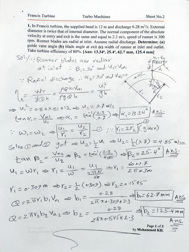 Sheet No.2 Francis Turbine (Solutions) | PDF