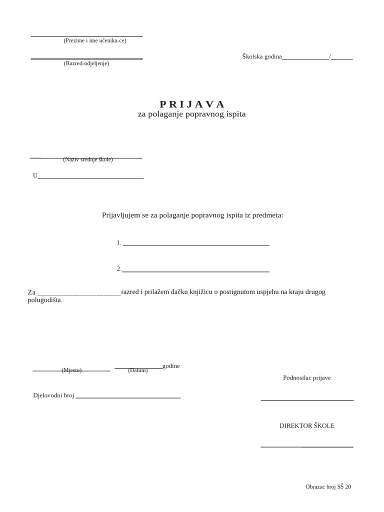 20 Prijava Za Polaganje Popravnog Ispita SŠ 20 | PDF