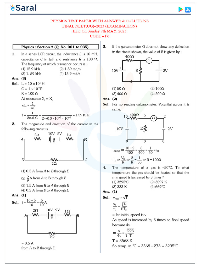 Physics Test Paper with Solutions F6 | PDF | Student Assessment And ...