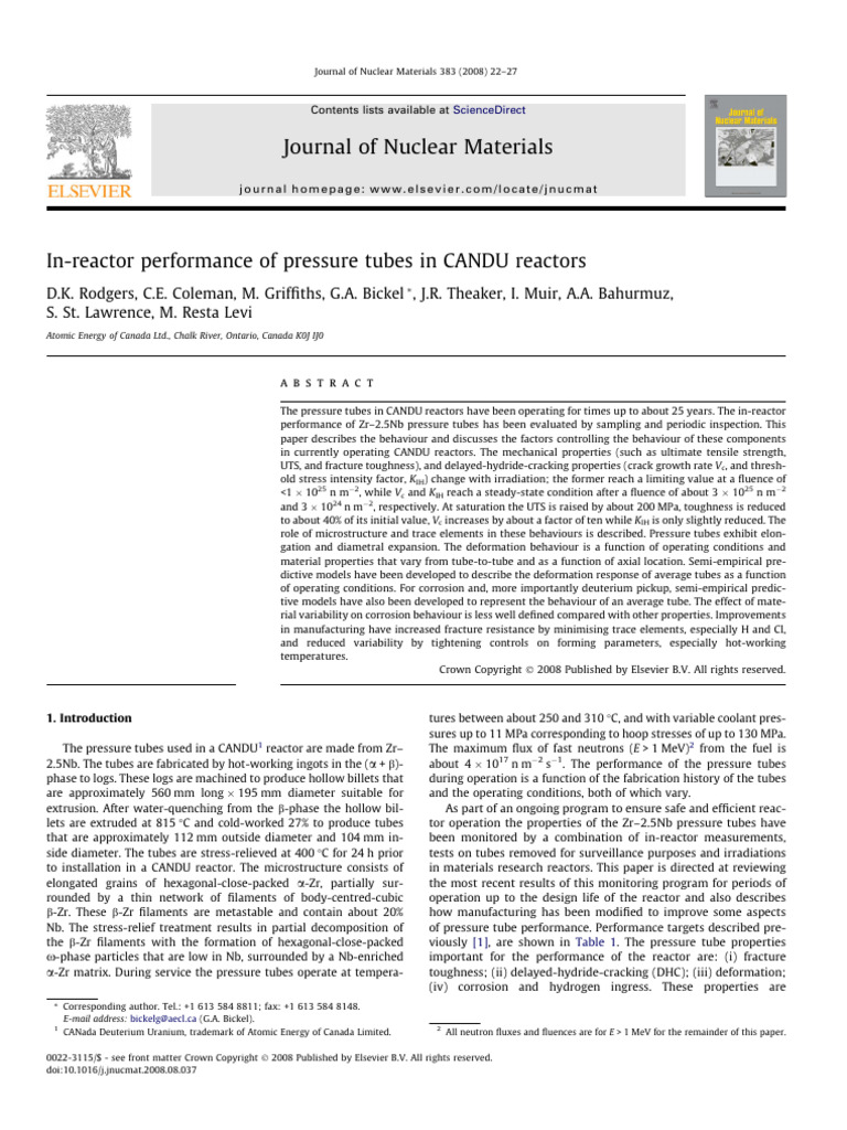70 - in Reactor Performance of Pressure Tubes in CANDU Reactors | PDF | Fracture | Energy Technology