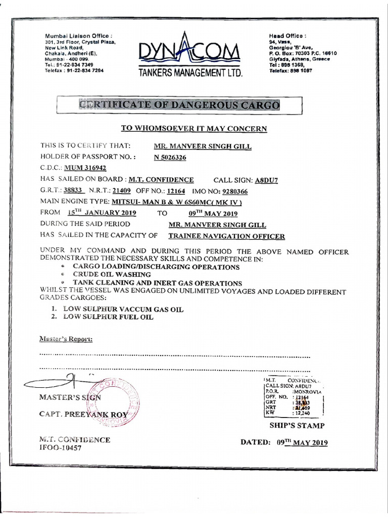 Dangerous Cargo Company Certificate | PDF