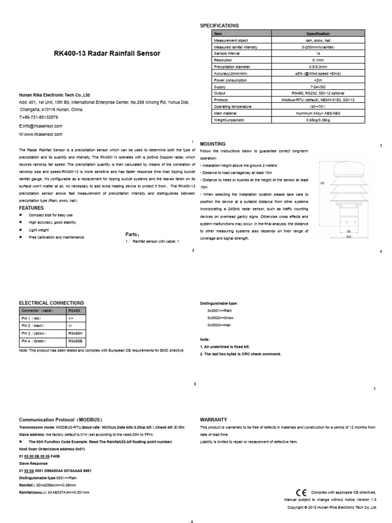 RK400-13 Radar rainfall sensor user manualv1.0 | PDF | Computing ...
