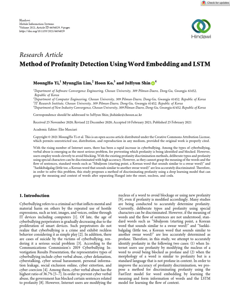 Mobile Information Systems 2021 Yi Method Of Profanity Detection Using Word Embedding And 3707
