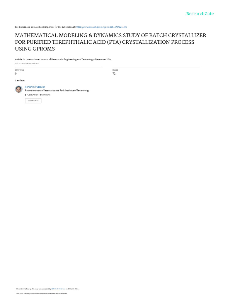 Mathematical Modeling & Dynamics Study of Batch | PDF | Crystallization | Heat Transfer