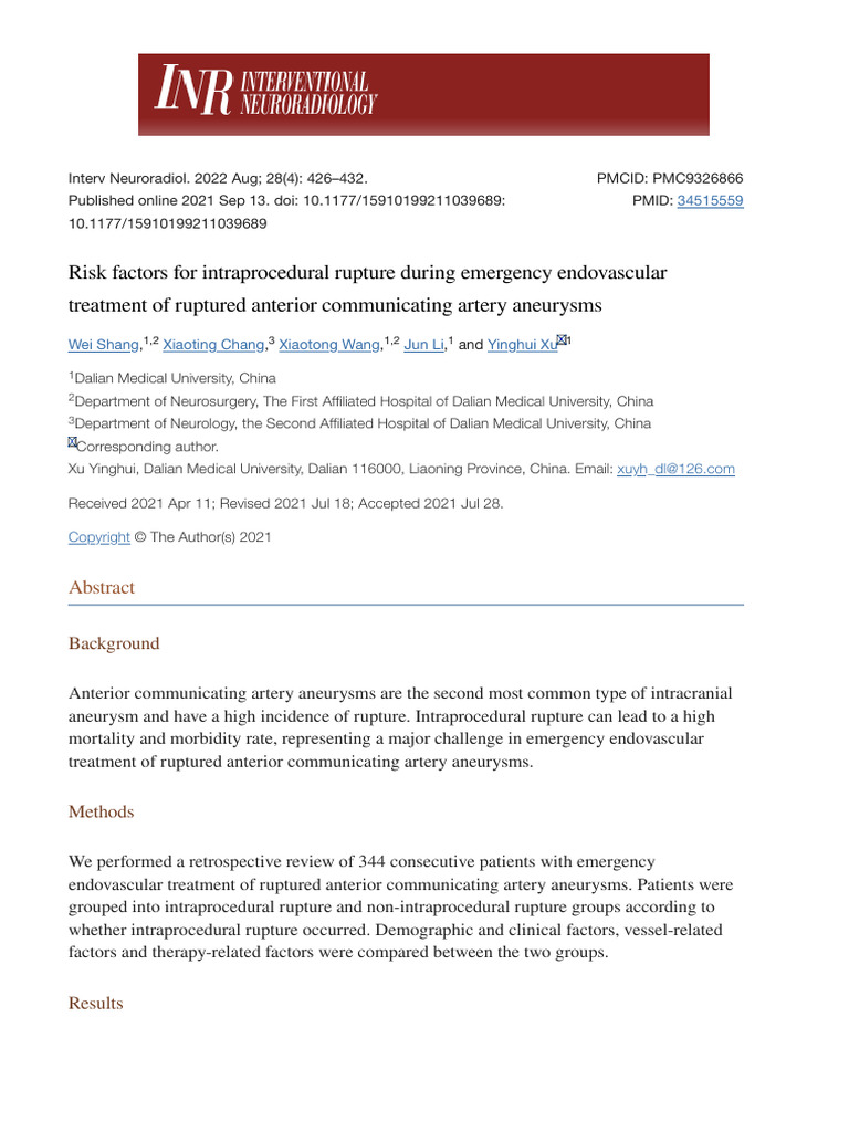 Risk Factors For Intraprocedural Rupture During Emergency Endovascular ...