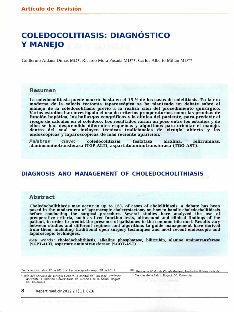 Coledocolitiasis:: Diagnóstico Y Manejo | PDF | Vesícula biliar | Hígado