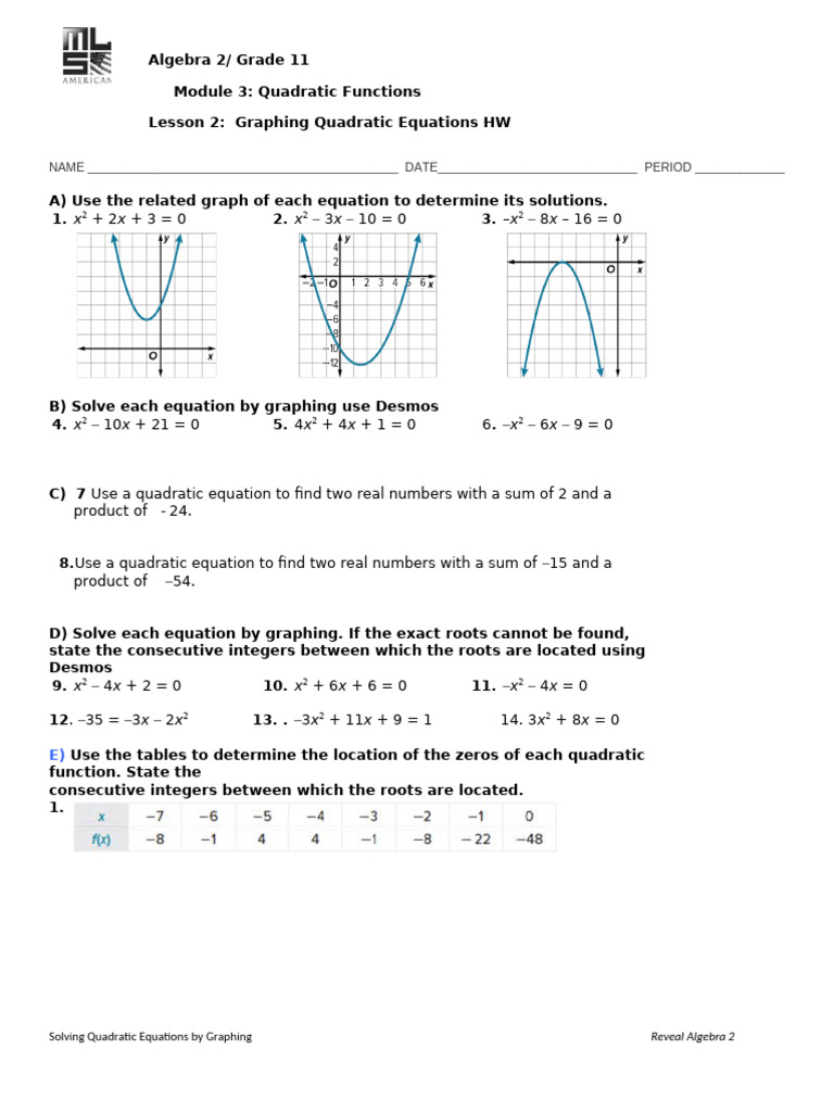 Graphing Quadratic Equations Homework | PDF | Quadratic Equation | Algebra