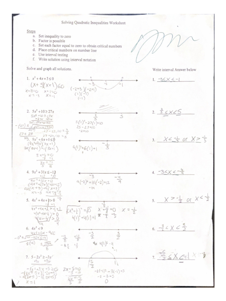 Solving Quadratic Inequalities Worksheet Pdf