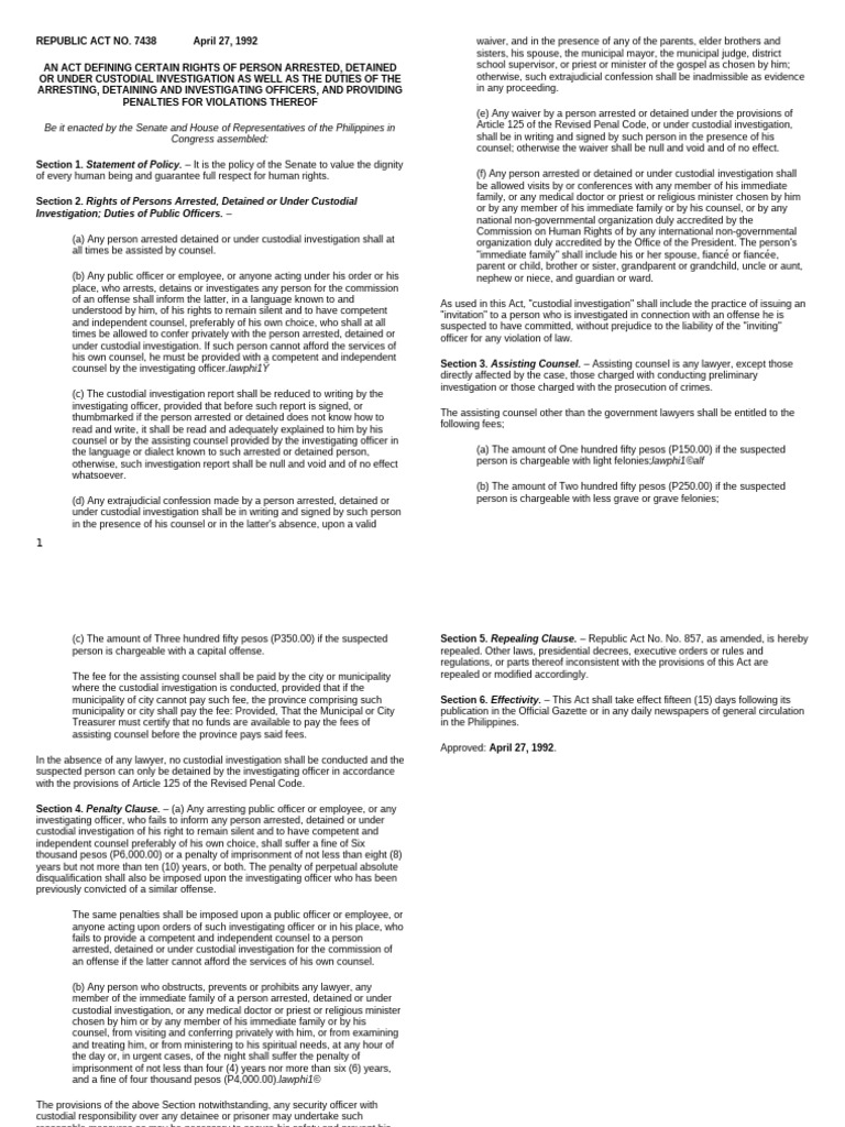 Republic Act No. 7438 | PDF | Right To Silence | Justice