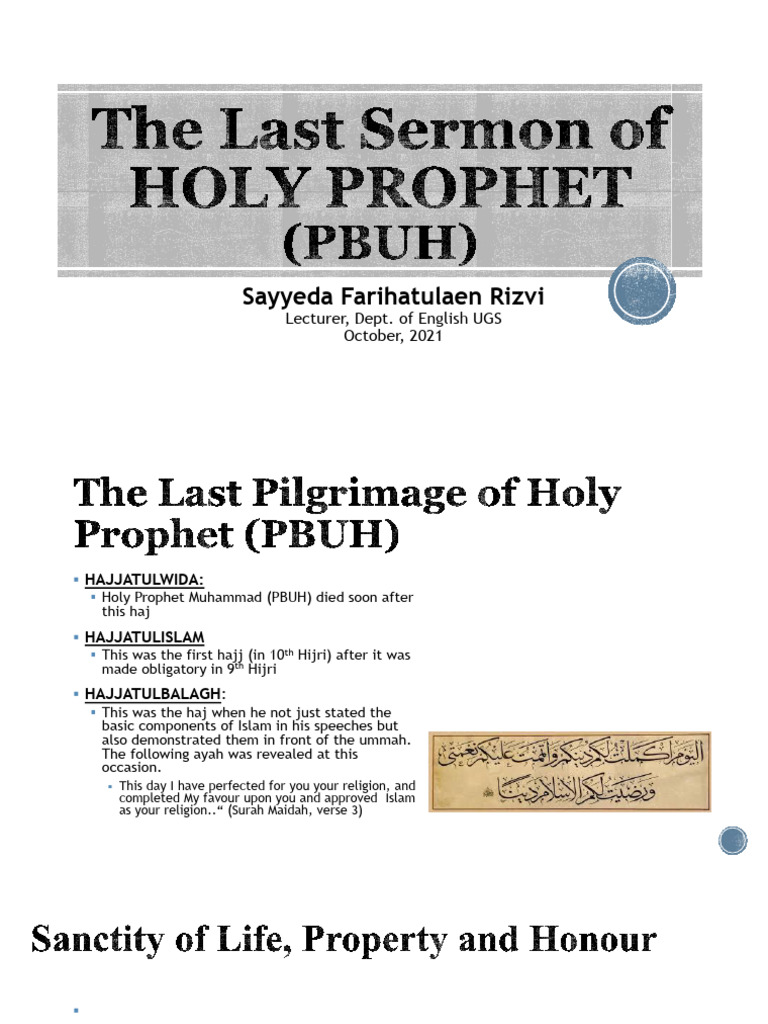 The Last Sermon of HOLY PROPHET (PBUH) - 18th October 2021 | PDF | Hajj ...
