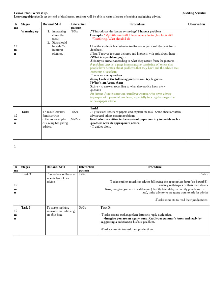 Asking For and Giving Advice Lesson Plan | PDF | Behavior Modification ...