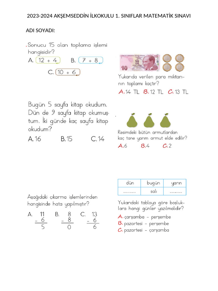 Sinif Matemati̇k 2. Sinav | PDF