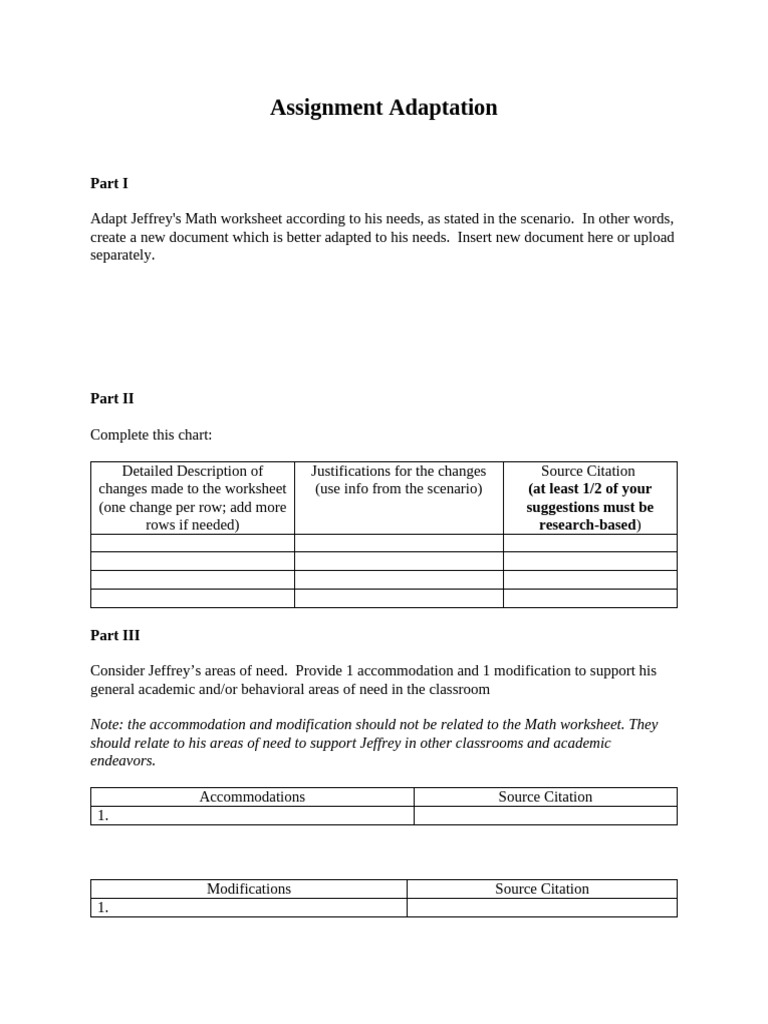 Assignment Adaptation Worksheet | PDF