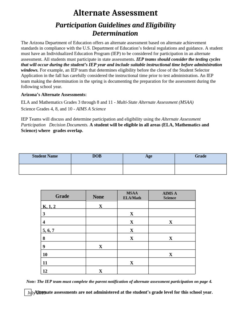 Arizona Alternate Assessment Guidelines | PDF | Educational Assessment | Individualized ...
