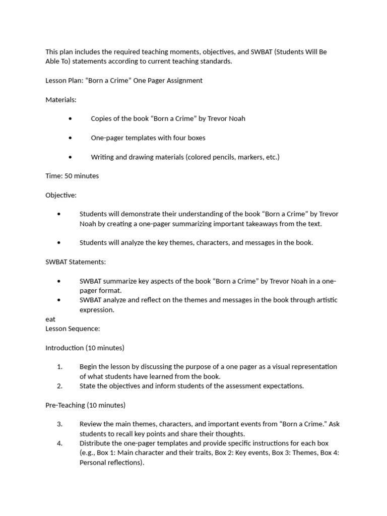 Born A Crime Lesson Plan | PDF | Lesson Plan | Pedagogy
