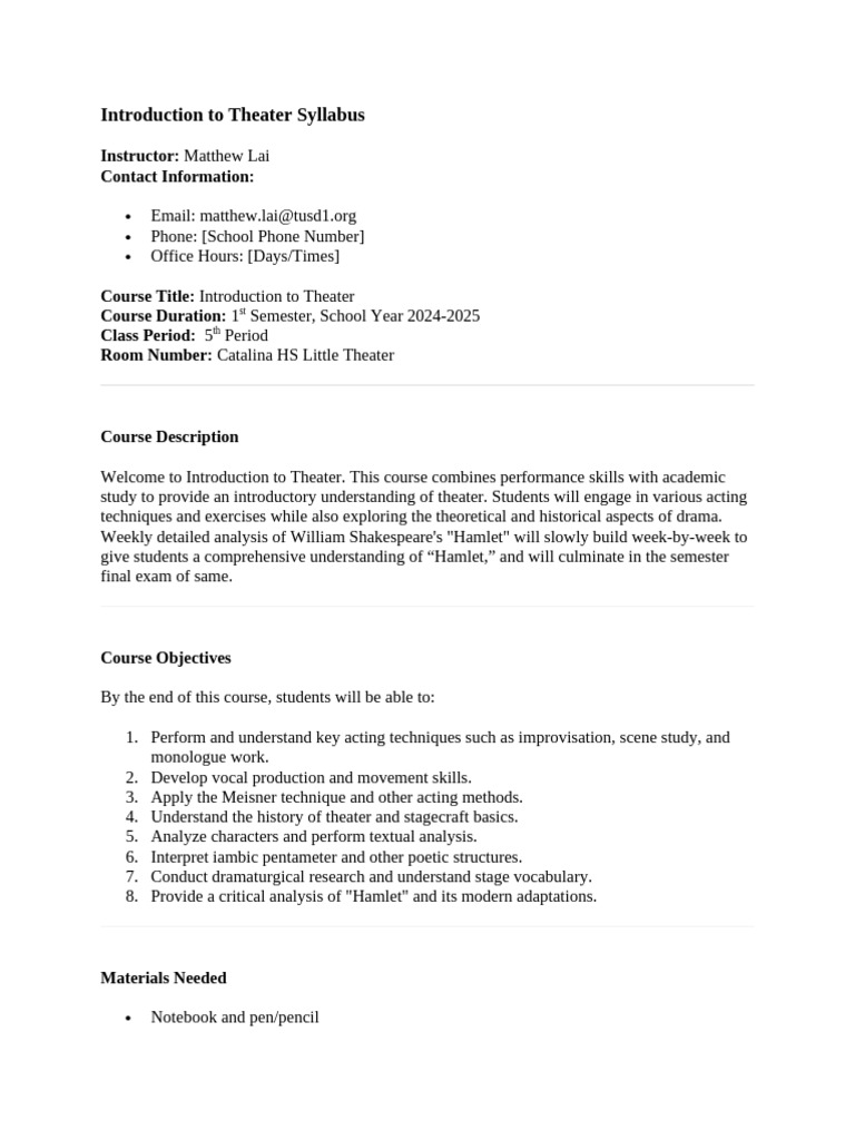 Intro to Theater Syllabus 2024-25 | PDF | Theatre | Hamlet
